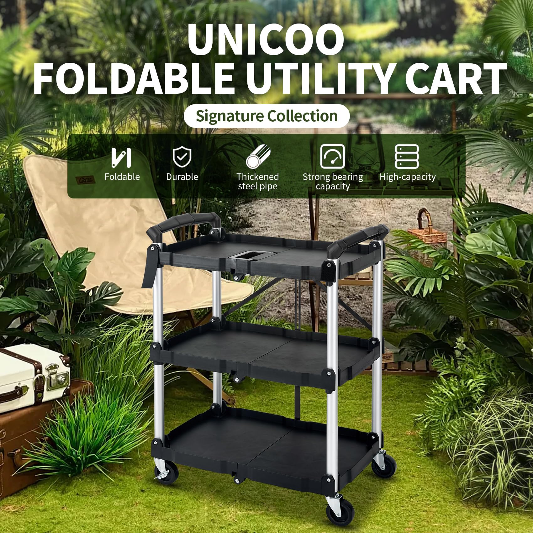 UNICOO Foldable Plastic Utility Cart, Heavy Duty, 3-Tier Rolling Service Cart with Lockable & Silent Wheels, Anti-Rust & Easy Clean for Restaurant, Office, Garage & More, 25.6x15.7x33.5 (Black)