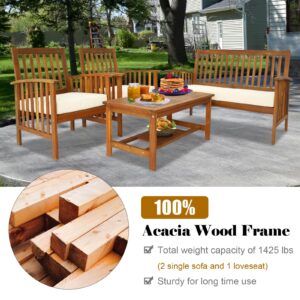 VINGLI Outdoor Patio Furniture, 4 Piece Acacia Wood Sofa Set w/Coffee Table, Patio Table and Chairs Set, Outdoor Patio Lounge Conversation Set for Deck, Backyard, Balcony