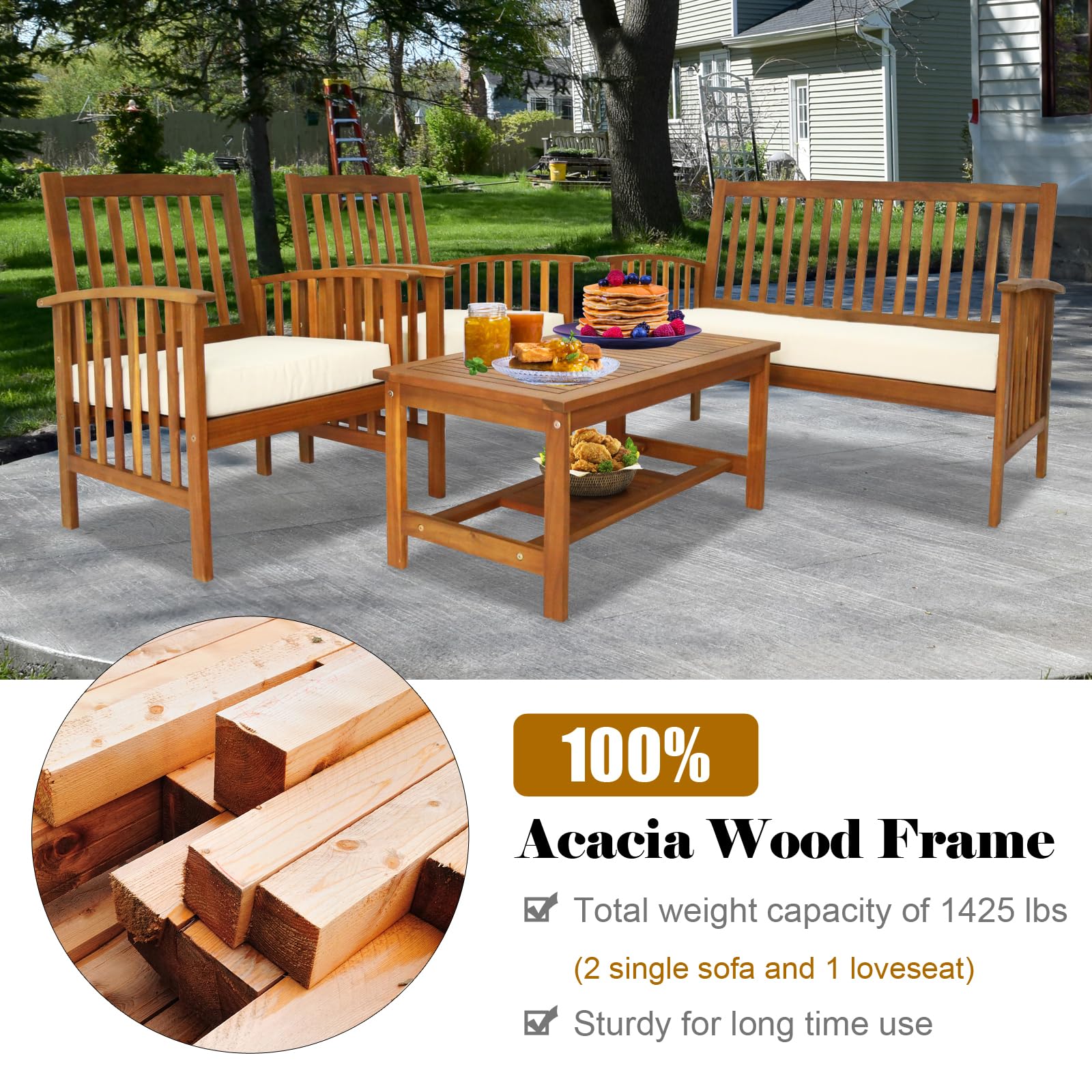 VINGLI Outdoor Patio Furniture, 4 Piece Acacia Wood Sofa Set w/Coffee Table, Patio Table and Chairs Set, Outdoor Patio Lounge Conversation Set for Deck, Backyard, Balcony