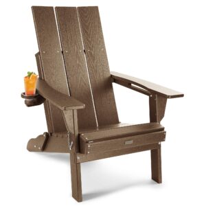 powerwood modern adirondack chair, oversized hdpe folding adirondack chairs wood texture, higher back weather resistant adirondack chair set with cup holder, fire pit chairs for outdoor patio (teak)