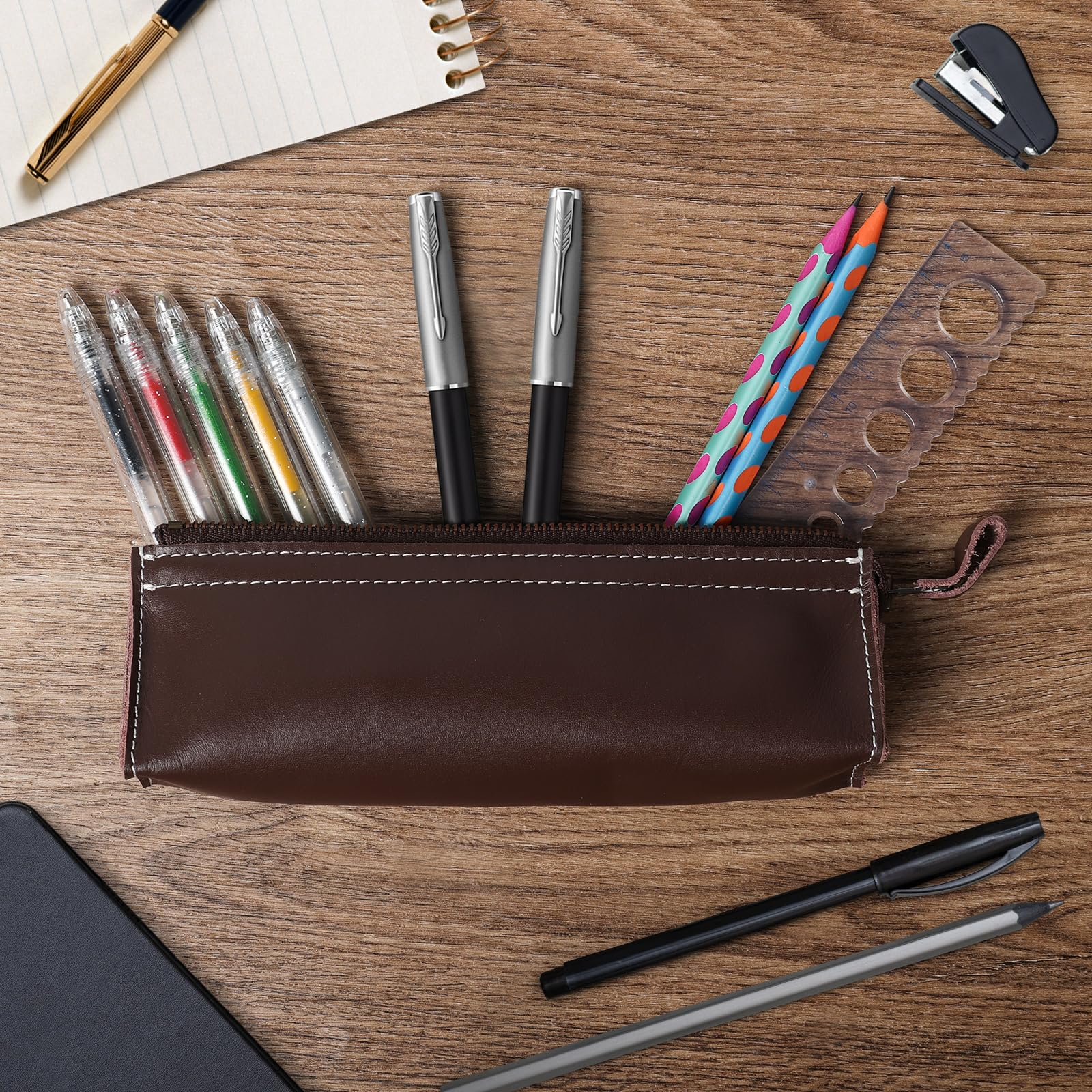 Asspring Genuine Leather Pencil Case Pouch Zipper Pencil Pouch,Stationery Bag Organizer,Makeup Cosmetic Pouch Women Men Adults