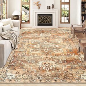 area rug 8x10 washable rugs: large living room boho vintage rug soft low pile non slip rug distressed indoor floor carpet for bedroom kitchen dining room home decor(8x10, brown)