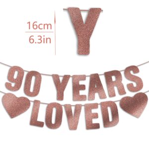 JunyRuny 90th Birthday Banner, 90 Years Loved Rose Gold Glitter Banner, 90th Birthday Decorations for Her, 90th Birthday Decorations for Women, Happy 90th Birthday Sign, Gift, Party Decor