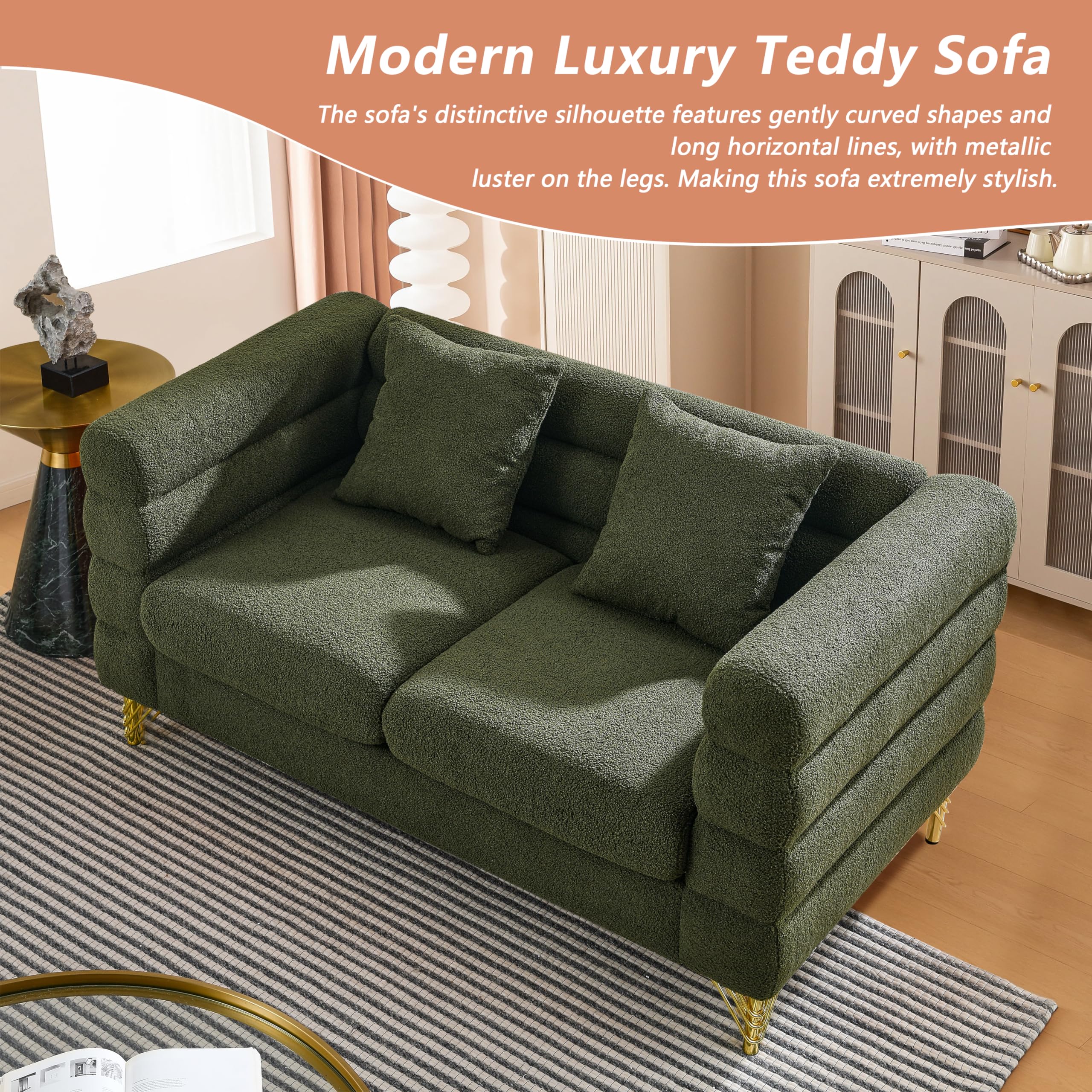 mikibama Luxury Teddy Sofa Set for Living Room, Modern Decor Furniture Sectional Sofa, 3 Seater Couch and Loveseat with 5 Pillows for Apartment, Office, Hall (Green)