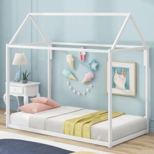 metal twin size montessori floor bed for kids,floor bed twin,house bed with slats for boys girls,metal house shape platform bed,no spring box required,white