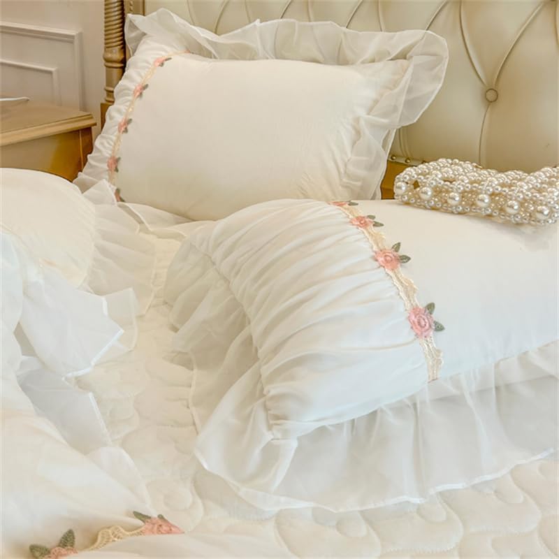 MOOWOO Chic Ruffle Lace Queen Duvet Cover Set-Princess Girl Bedding-3 Piece Comforter Duvet Cover with Zipper Closure,Coquette Room Decor-White,Queen Size