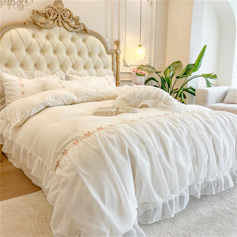 MOOWOO Chic Ruffle Lace Queen Duvet Cover Set-Princess Girl Bedding-3 Piece Comforter Duvet Cover with Zipper Closure,Coquette Room Decor-White,Queen Size