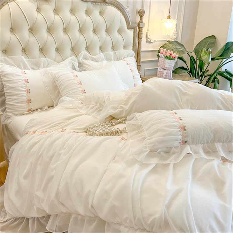 MOOWOO Chic Ruffle Lace Queen Duvet Cover Set-Princess Girl Bedding-3 Piece Comforter Duvet Cover with Zipper Closure,Coquette Room Decor-White,Queen Size