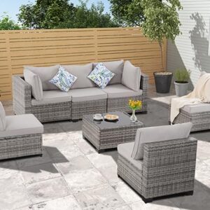 HYDRAGARDEN 7 Pieces Outdoor Sectional Sofa Sets Rattan Wicker Patio Conversation Sets All Weather Patio Furniture Sets with Cushions and Glass Table for Garden Balcony Backyard, Gray/Gray