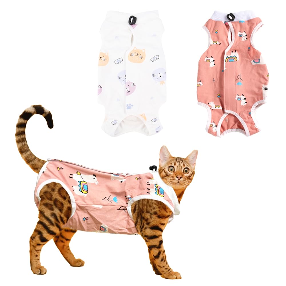 2 Pcs Cat Surgery Recovery Suit for Male and Female Cats, Cat Onesie for Cats after Neuter Surger, Anti Licking Wounds Clothes for Cats (Sheep+Cats, M(3.5-7lbs))