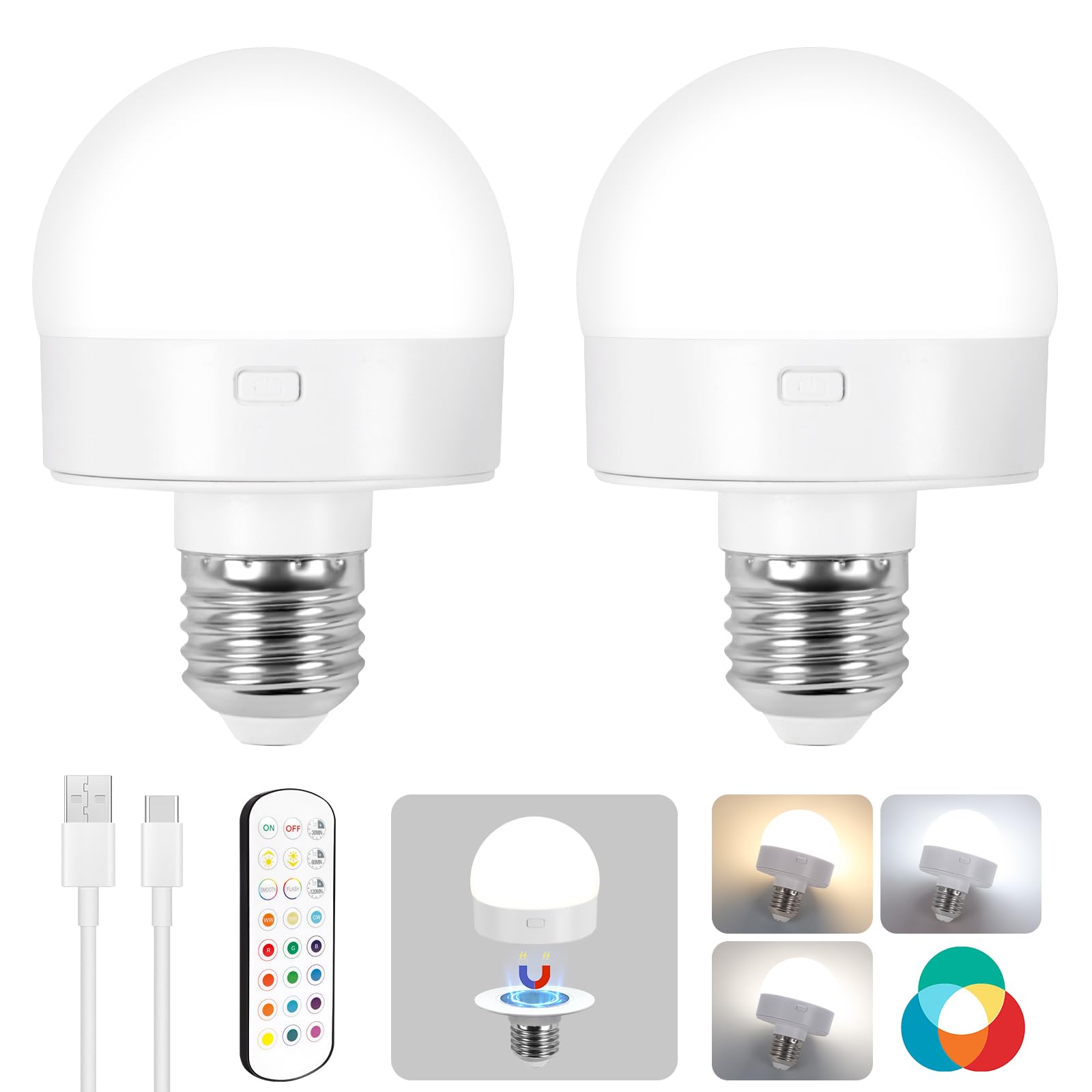 Rechargeable Battery Operated Light Bulbs with Remote Control,Timer and 15 Color Temperature,Wireless Puck Light Bulbs dimmable Magnetic Color Changing LED Bulb for Non-Hardwired Wall Sconce,2 Pack