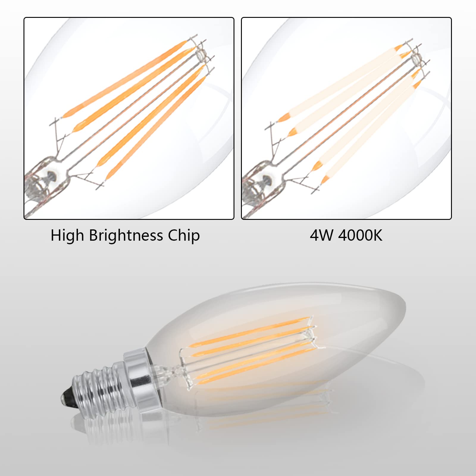 Lawyettle E12 LED Candelabra Bulbs 40 Watt Equivalent, 4000K Neutral White, 500 Lumens, 4W Dimmable C35/B10 Chandelier Light Bulbs, Filament Clear Glass, 6 Pack