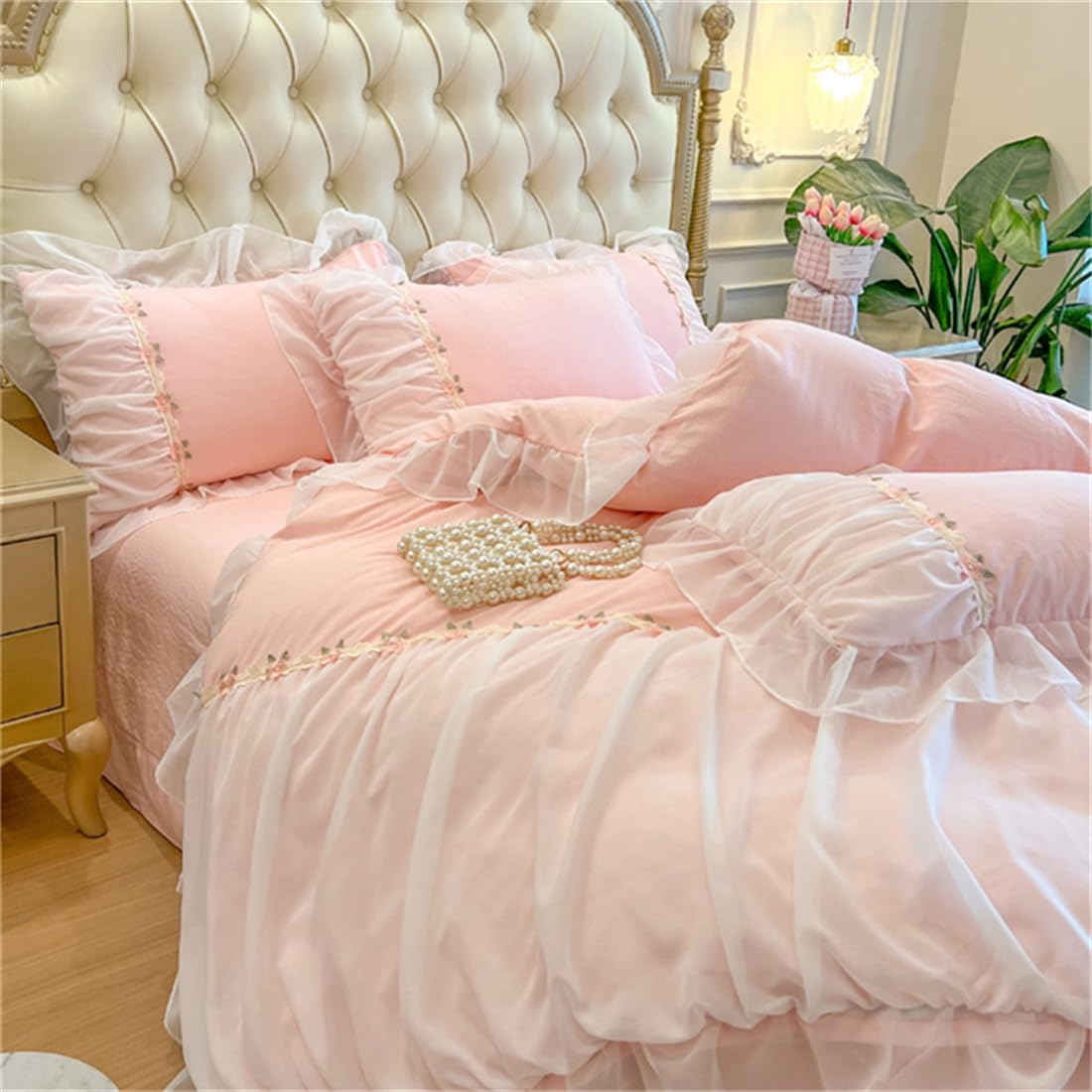 MOOWOO Pink Bedding-Romantic Ruffle Lace Bedding Set 2 Piece Comforter Twin Duvet Cover with Zipper Closure,Coquette Room Decor-Pink,Twin Size