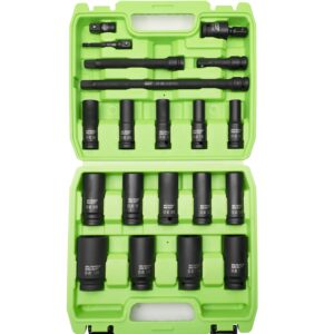 sunhz mckp 20 pcs 1/2" impact socket set, drive deep 6 point socket set, including standard sae sockets (3/8" to 1-1/4"), 3 ", 6", 10" impact extension bar and drill socket adapter, cr-mo