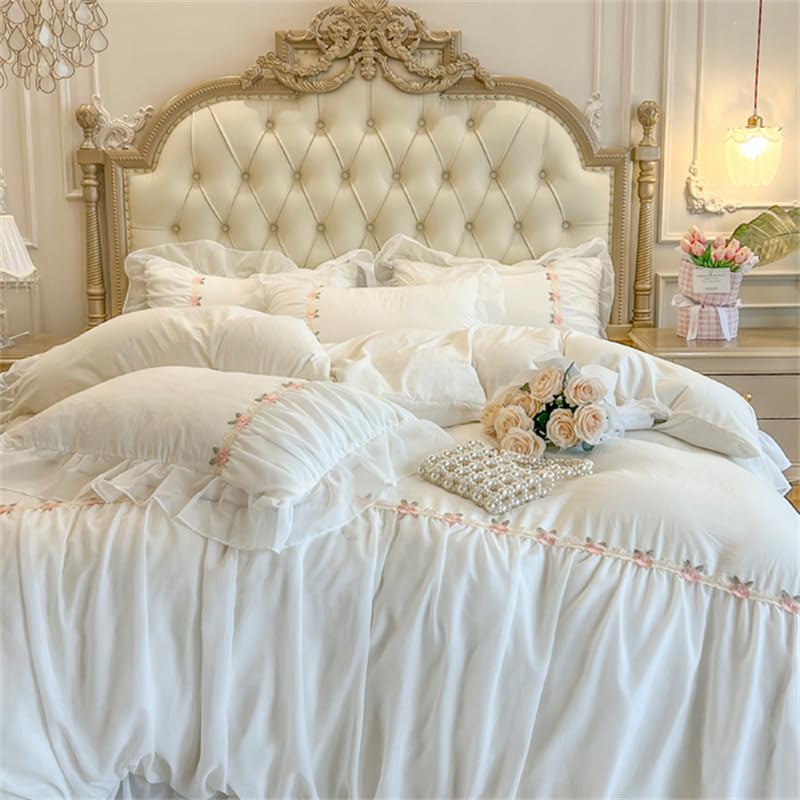 MOOWOO Chic Ruffle Lace Queen Duvet Cover Set-Princess Girl Bedding-3 Piece Comforter Duvet Cover with Zipper Closure,Coquette Room Decor-White,Queen Size