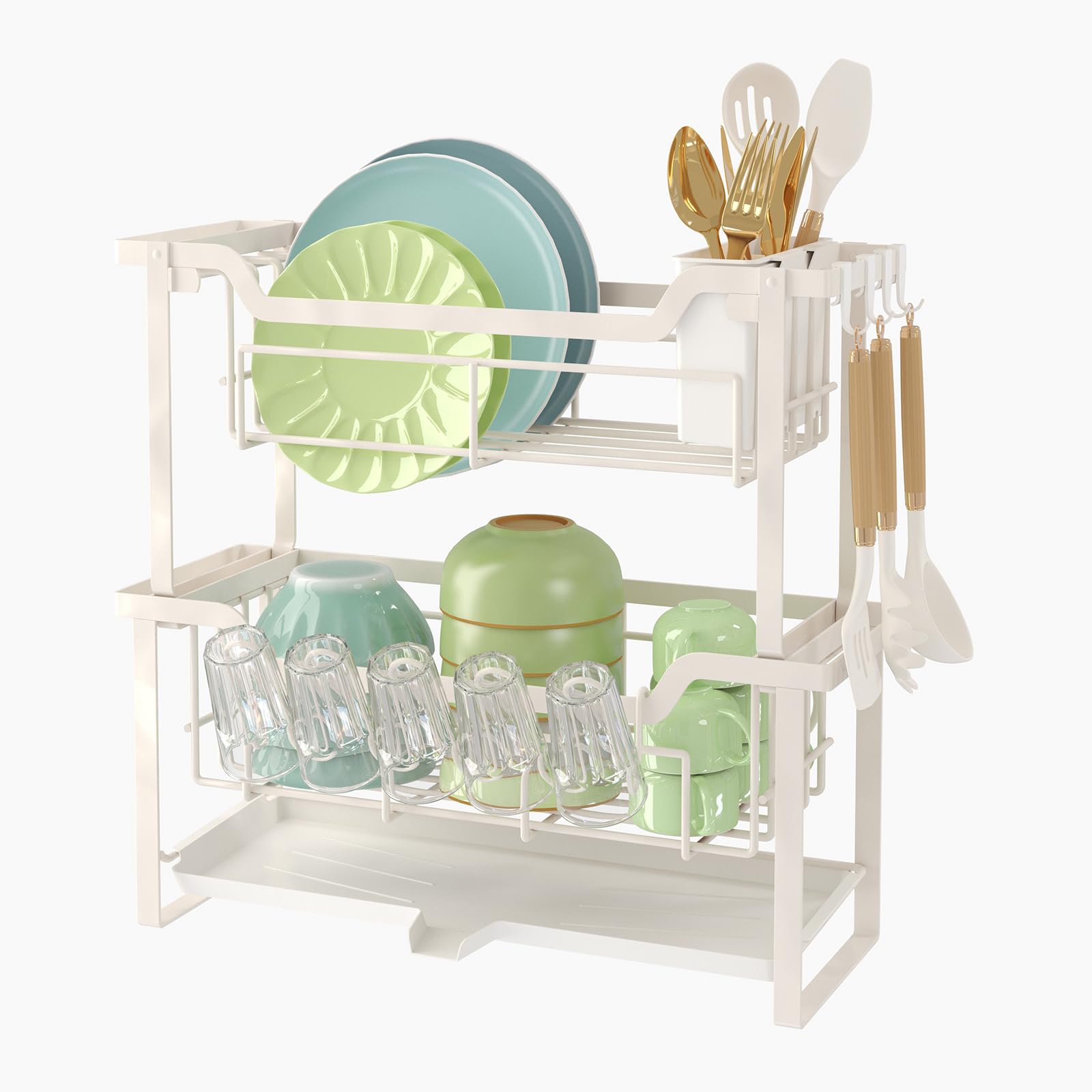 KOSIWU Dish Rack with Drainboard, Organizes Dishes and Bathroom Items for Narrow Spaces, Two-Story Drying Rack Fits 12 Plates 12 Bows 5 Glasses 4 Hooks and Some Cutlery, White