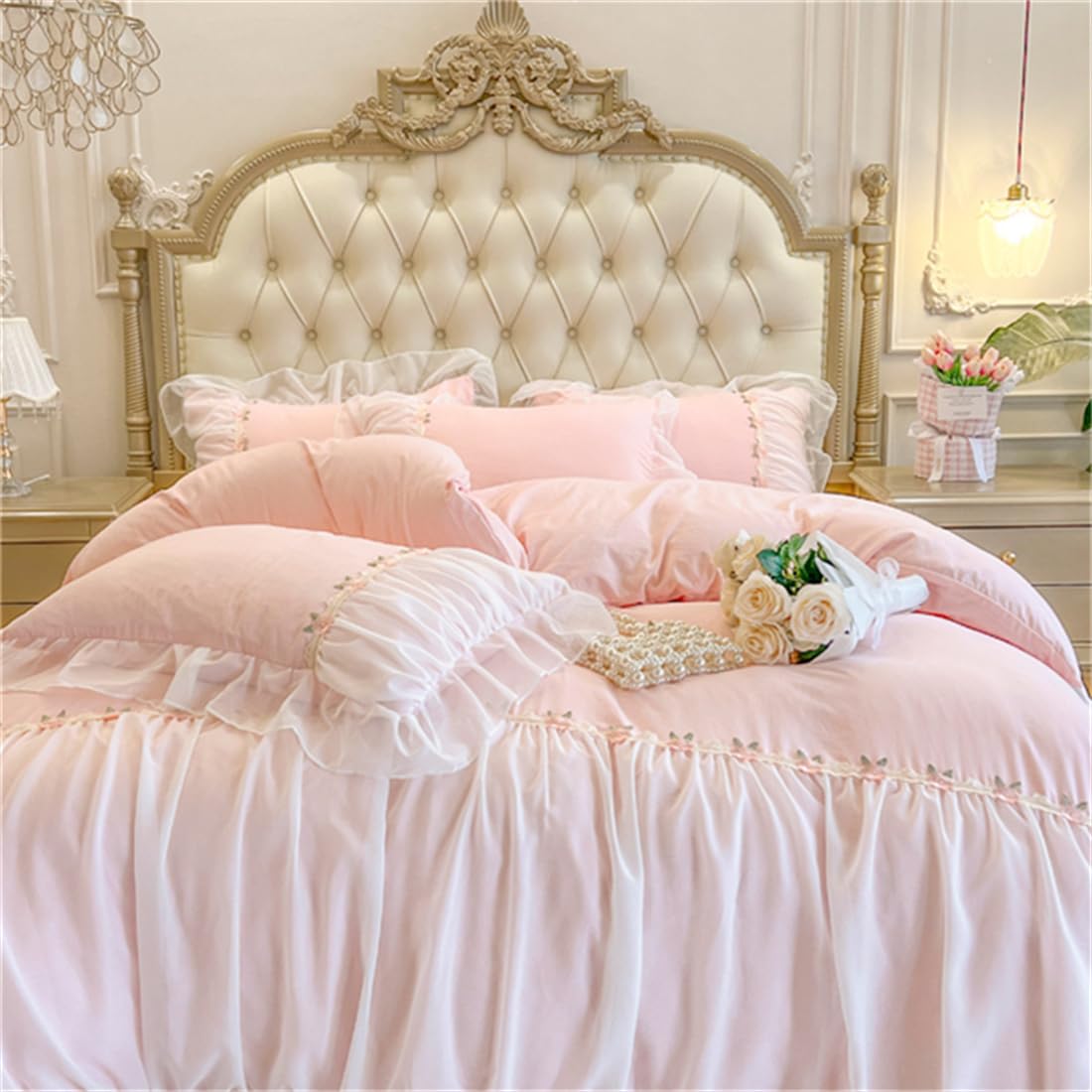 MOOWOO Pink Bedding-Romantic Ruffle Lace Bedding Set 2 Piece Comforter Twin Duvet Cover with Zipper Closure,Coquette Room Decor-Pink,Twin Size