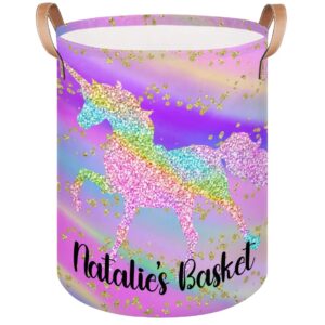 personalized unicorn laundry basket, custom unicorn laundry hamper for girl, collapsible waterproof baskets, dirty clothes toy hamper colorful glitter unicorn rainbow