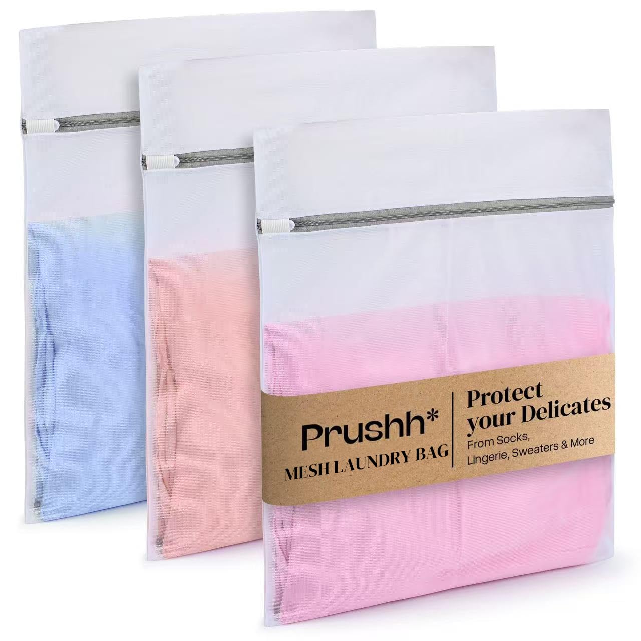 Prushh 3Pc Spacious Durable Mesh Laundry Bags (16x20 Inches) Protects Delicates, Fine Mesh for Uniform Wash & Dry, Auto-Lock Zipper, Washer-Friendly, For Home, Dorm or Storage, Fits Socks to Sweaters