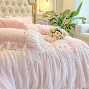 MOOWOO Pink Bedding-Romantic Ruffle Lace Bedding Set 2 Piece Comforter Twin Duvet Cover with Zipper Closure,Coquette Room Decor-Pink,Twin Size