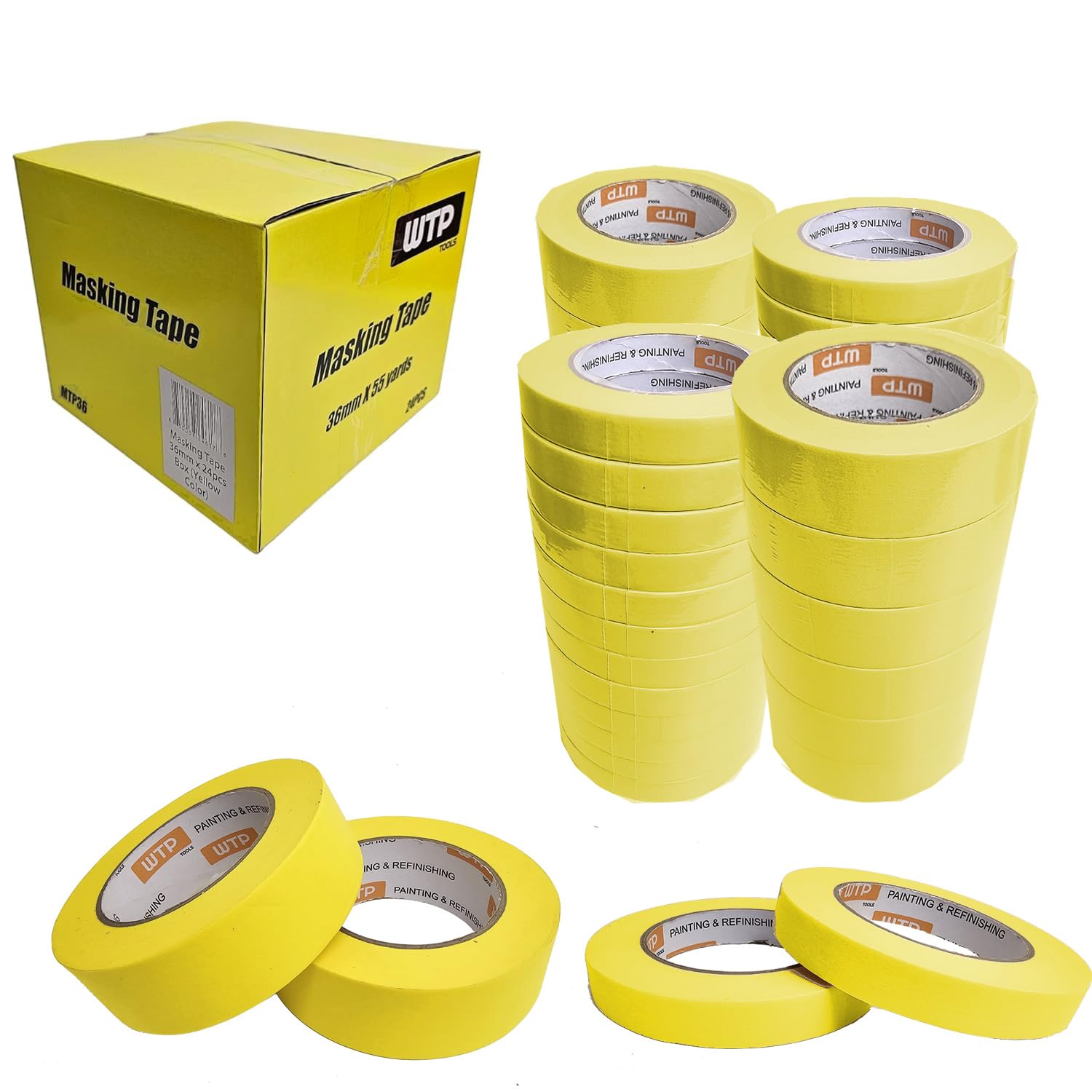 WTP TOOLS Automotive Masking Tape Yellow Color 36mm 1 1/2" 18mm 3/4" Box (36mm (1 1/2") x 24pcs Box)