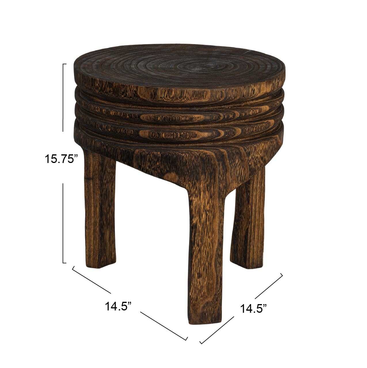 Creative Co-Op Round Paulownia Wood Carved Stool with Charred Finish, Natural