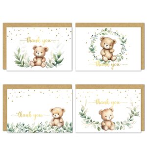 4x6 greenery teddy bear thank you cards (bulk 20-pack) baby shower thank you cards with envelopes, birthday party, weddings, greeting, blank notes, girl boy, gold, rustic, we can bearly wait