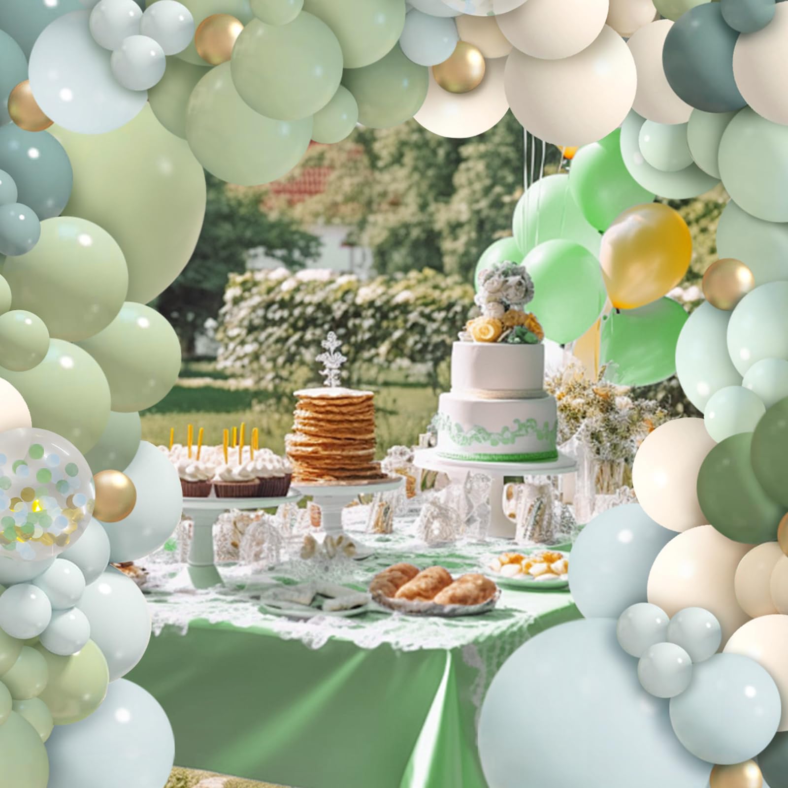 iLaFm 150Pcs Dusty Blue Green Balloon Garland Arch Kit, Ash Mist Green Haze Fog Blue Sand White Gold Balloons for Baby Shower Jungle Safari Woodland Wild One Bridal Birthday Party Decorations