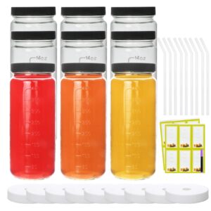 encheng 16 oz glass juice bottles with lids,9 pack reusable drinking jars with lids and straws,clear round smoothies cup for juicing,kombucha,water,milk,travel