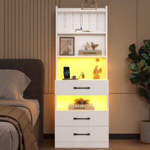 viagdo tall nightstand with charging station and led lights, large white night stand with bookshelf, modern led bedside table with 3 drawers and storage shelves, end side table for bedrooms, dorms