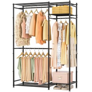 portable closets for hanging clothes, freestanding clothing rack with 3 hang rods & 5 shelves, metal wardrobe garment rack for bedrooms entrances