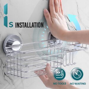 TAILI Shower Caddy Suction Cup 2 Pack with Hooks & Soap holder, Heavy Duty Shower Organizer for Bathroom, No Drilling Black Shower Shelves for Inside Shower, Silver Metal Shower Holder