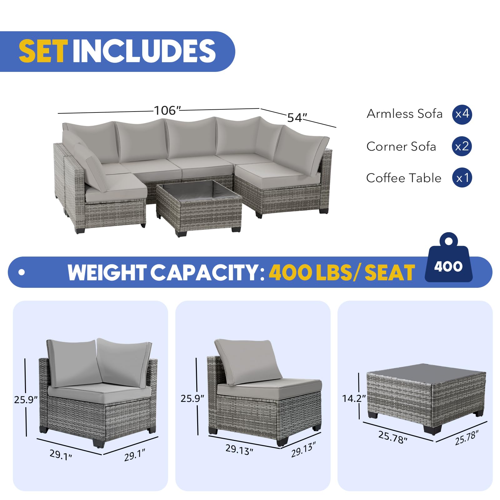 HYDRAGARDEN 7 Pieces Outdoor Sectional Sofa Sets Rattan Wicker Patio Conversation Sets All Weather Patio Furniture Sets with Cushions and Glass Table for Garden Balcony Backyard, Gray/Gray