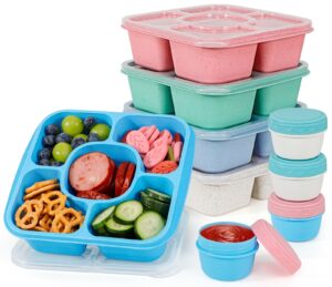 fancilla 5 pack bento snack boxes with 5 compartments & 4 leakproof sauce containers - reusable lunchable snack containers, divided stackable for school, work, and travel (classic)