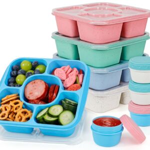 FANCILLA 5 Pack Bento Snack Boxes with 5 Compartments & 4 Leakproof Sauce Containers - Reusable Lunchable Snack Containers, Divided Stackable for School, Work, and Travel (Classic)