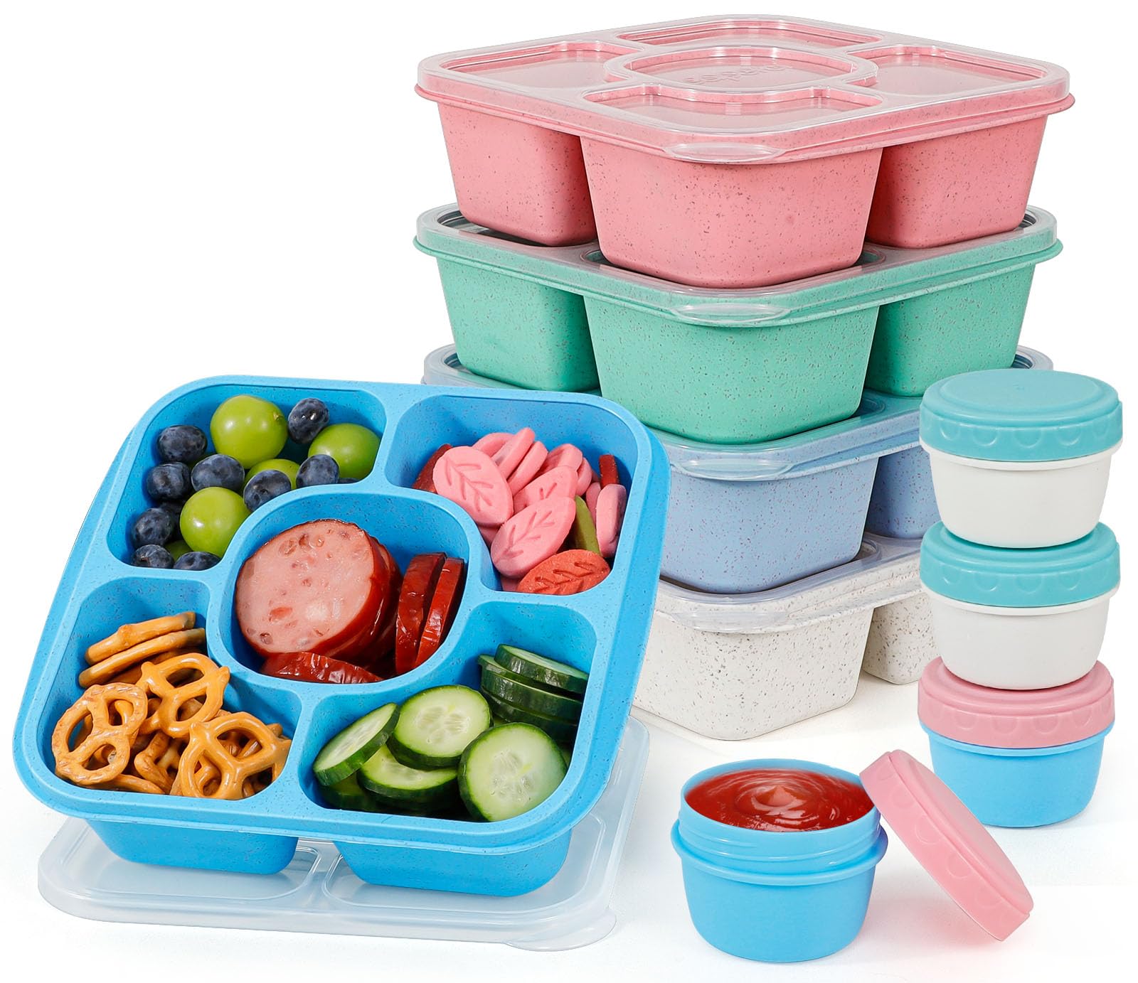 FANCILLA 5 Pack Bento Snack Boxes with 5 Compartments & 4 Leakproof Sauce Containers - Reusable Lunchable Snack Containers, Divided Stackable for School, Work, and Travel (Classic)