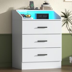 gyfimoie 3 drawer dresser for bedroom with power outlet, white dresser with led light, modern dressers with open storage cubby, chest of drawers storage organizer for hallway, living room (white)…