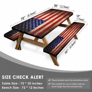 Britown American Flag Vintage Picnic Table Cover with Bench Covers, Military Fitted Rectangle Table Cover, Outdoor Patio Camping Essentials 6FT 3PCS, Camping Fitted Tablecloth with Drawstring Bag