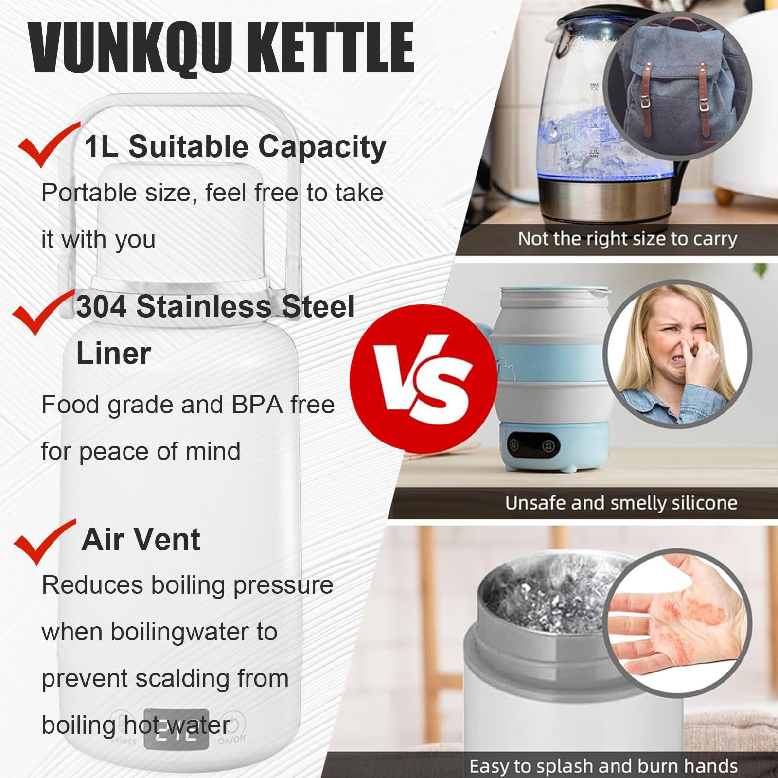 VUNKQU Portable Travel Electric Kettle, 1L/35oz Electric Kettle with Temperature Control and LCD Display, Hot Water Kettle Electric for Boiling Water Automatic Heat Preservation & Boil Dry Protection