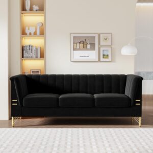 mikibama modern velvet sofa, 83 inch chesterfield sofa couch, luxury 3 seater comfy couch with gold metal legs for living room, bedroom, apartment (black)