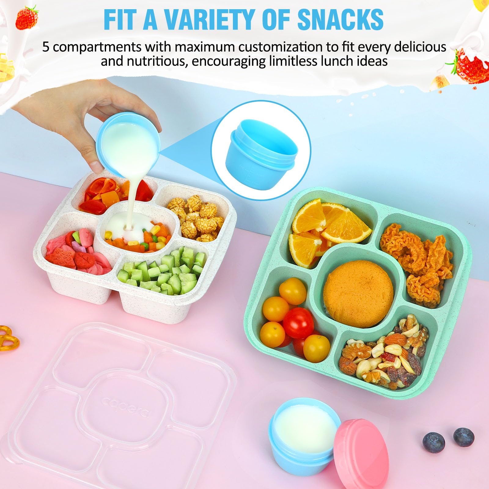 FANCILLA 5 Pack Bento Snack Boxes with 5 Compartments & 4 Leakproof Sauce Containers - Reusable Lunchable Snack Containers, Divided Stackable for School, Work, and Travel (Classic)