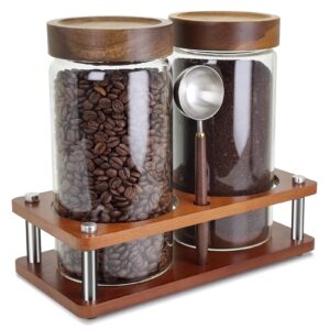 Venuekkuri Glass Coffee Grounds Container with Shelf, 2 × 45 oz Glass Coffee Canisters with Airtight Thread Lid, Glass Storage Jars with Stainless Steel Spoon for Coffee Bean, Sugar,Nut