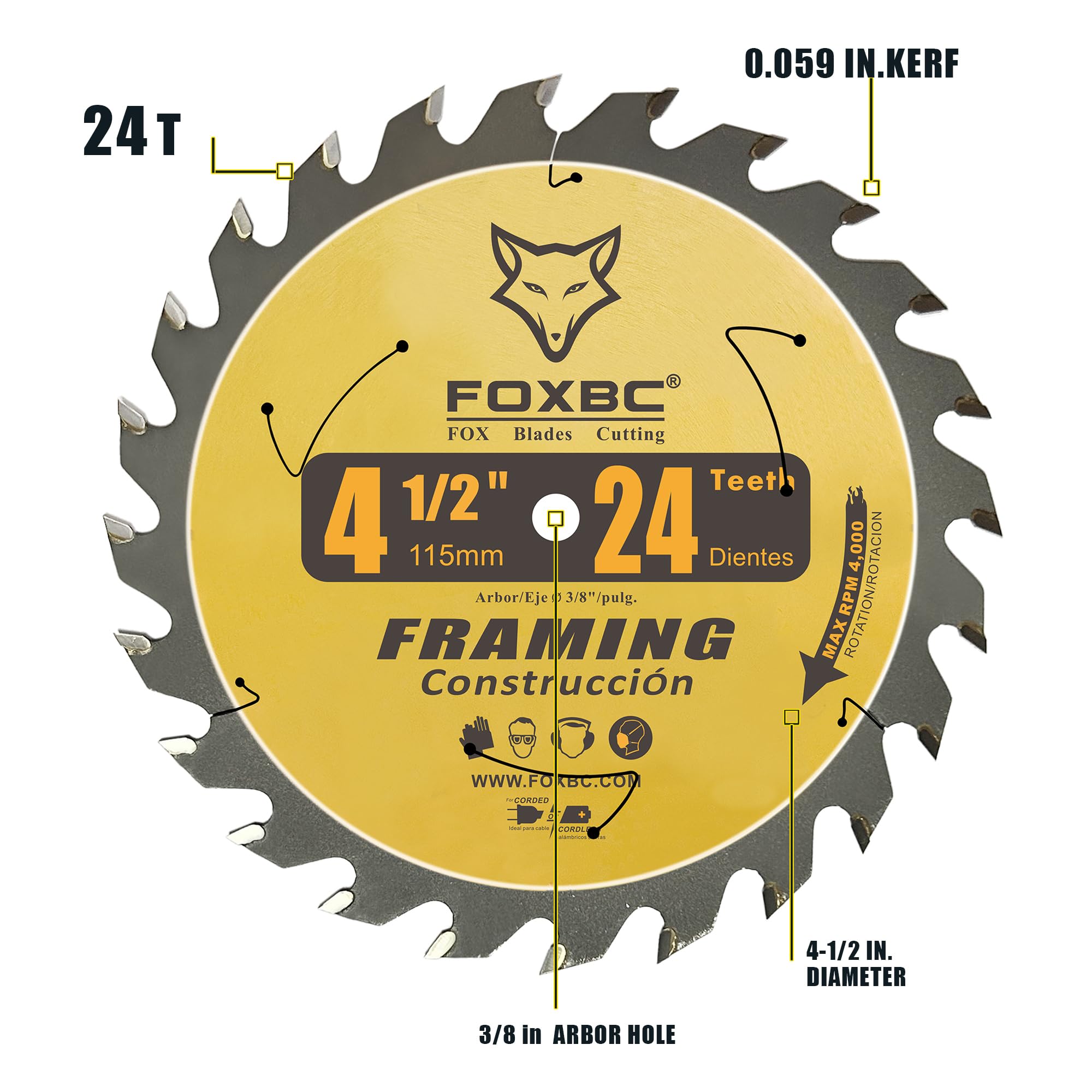 FOXBC 4-1/2 Inch Carbide Circular Saw Blade 24T Framing Wood Cutting with 3/8-Inch Arbor