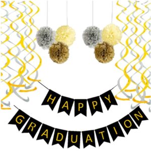 graduation decorations class of 2024, happy graduation banner with 6 pom poms 2 gold 2 yellow 2 sliver, 6 swirls 3 gold 3 sliver, graduation party decorations 2023, graduation party supplies 2024,