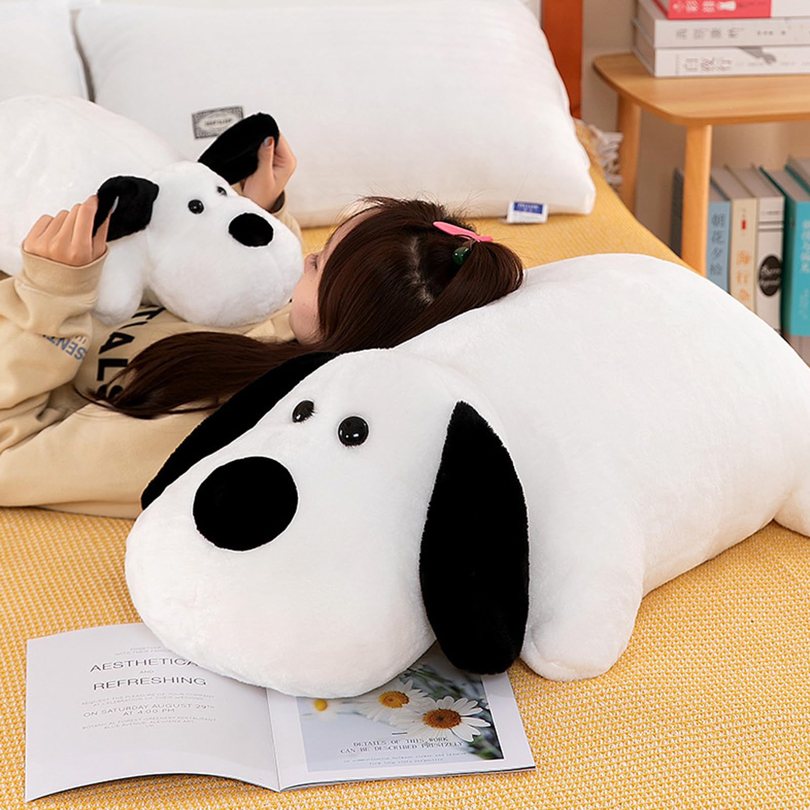 Haengbuk-Soft Puppy Plush Pillow, 23.6in/60cm Cute Stuffed Animals Toy, White and Black Dog Hugging Pillow, Gift for Kids and Friends