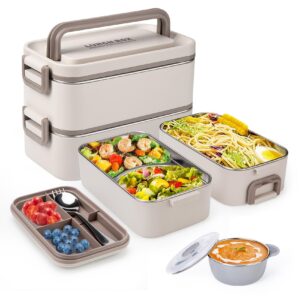 Reabulun Bento Box Adult Lunch Box, Stackable 2 Layer 304 Stainless Steel Lunch Container for Adults Kids Office, 2L Capacity Portable Lunch Box Containers with Soup Bowl Spoon and Fork