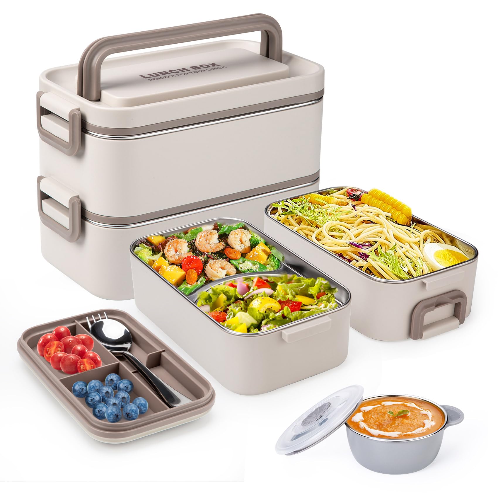 Reabulun Bento Box Adult Lunch Box, Stackable 2 Layer 304 Stainless Steel Lunch Container for Adults Kids Office, 2L Capacity Portable Lunch Box Containers with Soup Bowl Spoon and Fork