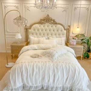 moowoo chic ruffle lace queen duvet cover set-princess girl bedding-3 piece comforter duvet cover with zipper closure,coquette room decor-white,queen size