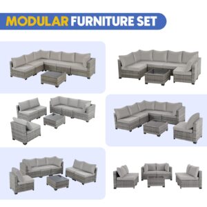 HYDRAGARDEN 7 Pieces Outdoor Sectional Sofa Sets Rattan Wicker Patio Conversation Sets All Weather Patio Furniture Sets with Cushions and Glass Table for Garden Balcony Backyard, Gray/Gray