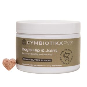 cymbiotika dog hip & joint support supplement, cod liver oil and msm supplement for dog bone health support, omega rich chewy treats for small to large breed dogs, peanut butter flavor, 50 chews